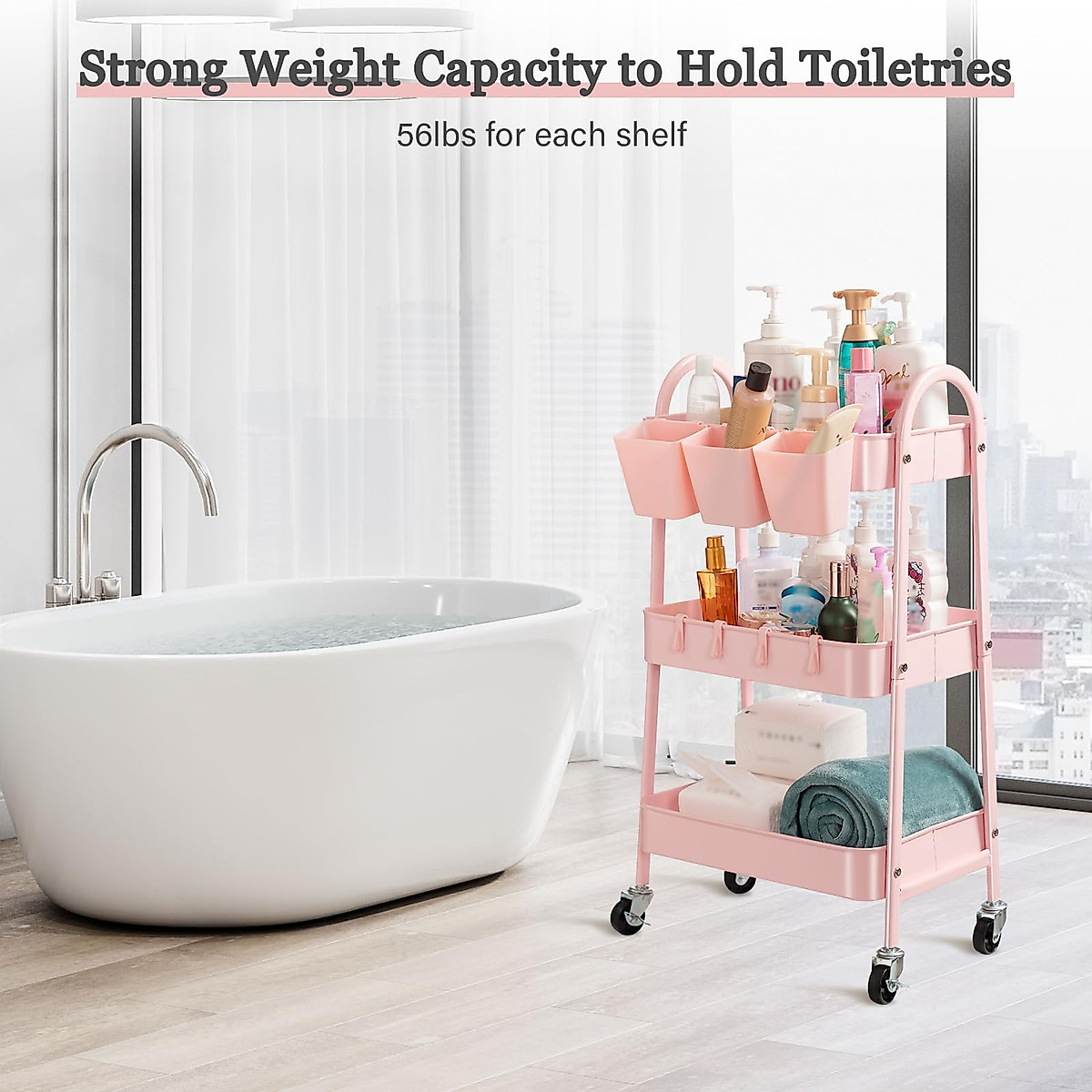 danpinera 3-Tier Rolling Cart, Metal Rolling Storage Cart with Lockable Wheels & Hanging Cups & Hooks, Mobile Trolley Cart for Kitchen, Bathroom, Office, Workshop, Pink