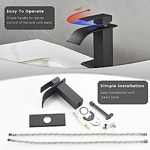 Bathroom Faucet Single Handle, 1 or 3 Hole Faucet Black Modern Bathroom Faucet, Waterfall Spout Faucet for Bathroom Sink, Single Handle Vanity Sink, Rv Lavatory Washbasin Faucet with Deck Plate & Hose