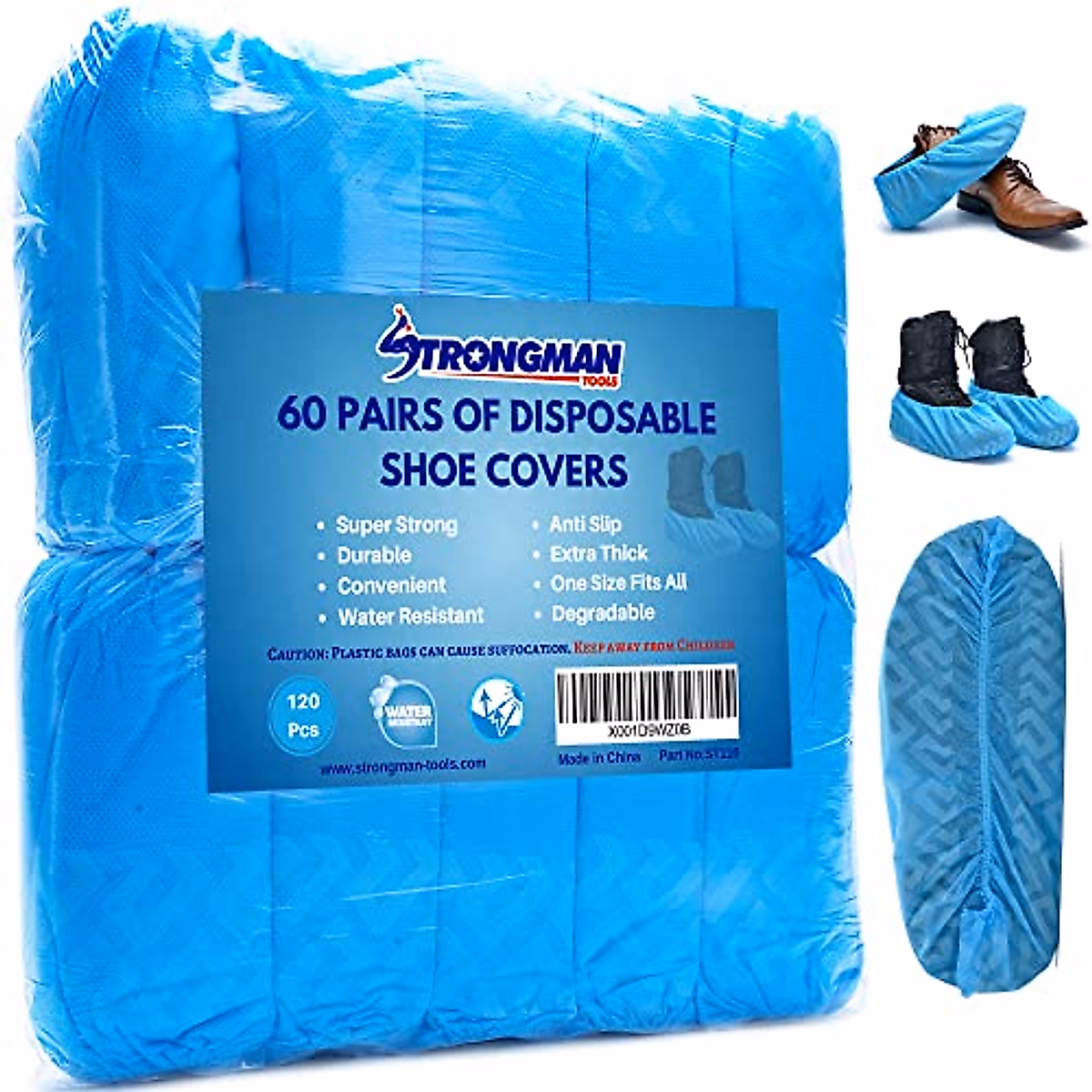 Strongman Tools Shoe Covers 120-Pack (60 Pairs) Shoe Protector for Men & Women, Disposable Shoe Covers Non Slip & Reusable, Water-Resistant Booties for Shoes, Durable for Indoor & Outdoor Use