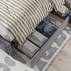 AMERLIFE King Size Bed Frame with 4 Storage Drawers and Headboard, King Velvet Upholstered Platform Bed with Rivet Curved Adjustable Headboard/Strong Wooden Slats/Easy Assembly/Grey