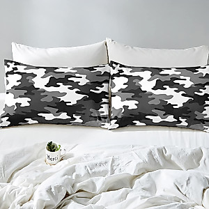 Army Camo Bedding Set, Black and Gray Military Style Camouflage Comforter Cover for Adult Boys Teens Abstract Art Pixel Design Duvet Cover, Soft Microfiber Durable Bedding Collection, Full Size