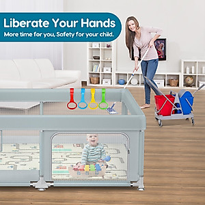 SHIADA Baby Playpen with Mat 71x59 Playpen for Babies and Toddlers,Baby Play Pen,Indoor & Outdoor Activity Center,Kids Playpen with Gate,Safety Baby Fence Play Area with Breathable Mesh(Gray)