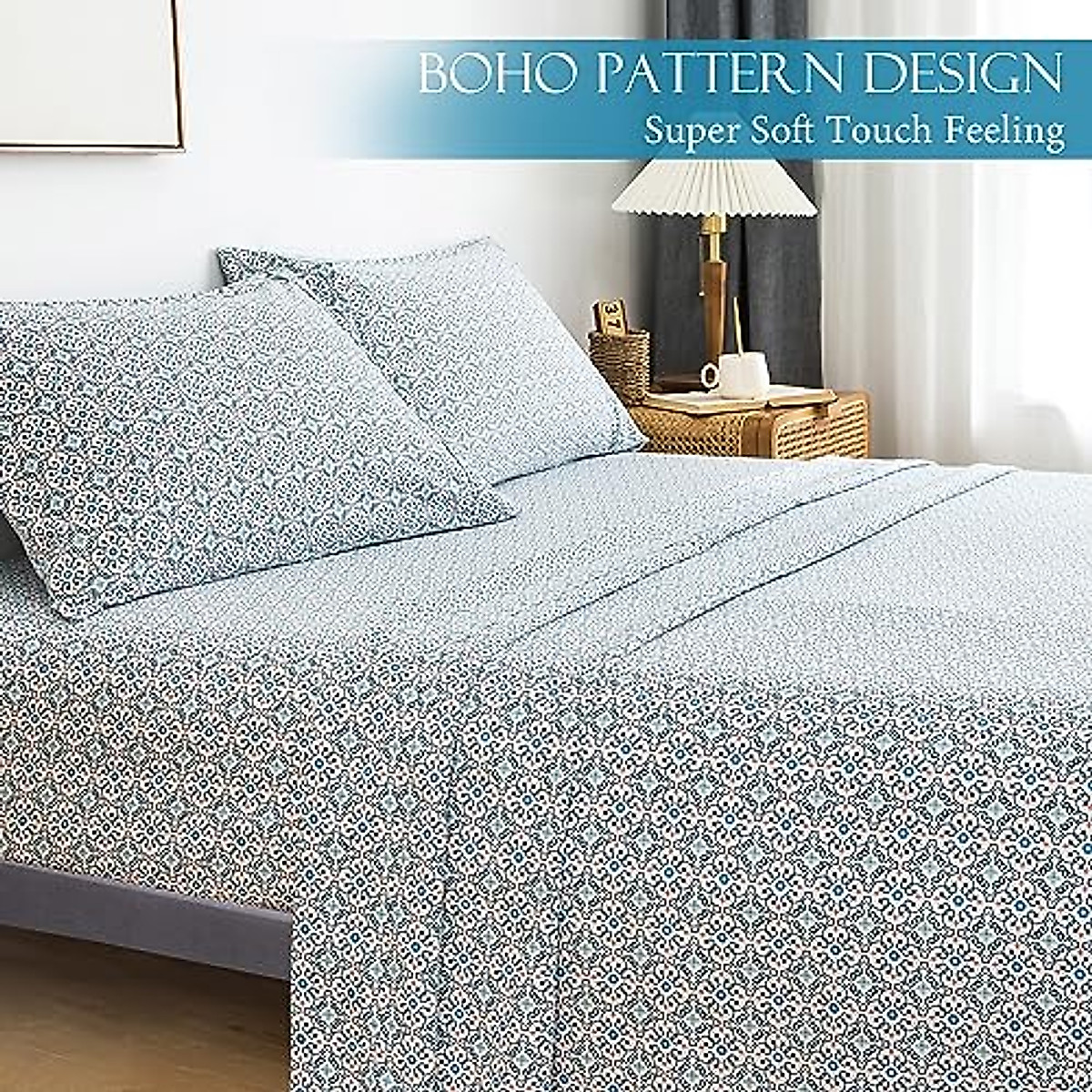 KACEMOO Printed Sheet Set Full Size Bed 4PC Blue Floral Sheets Boho Pattern Sheets Cooling 17 Inches Deep Pocket Brushed Microfiber Bed Sheets, Luxury, Soft, Breathable, Hypoallergenic, Wrinkle Free