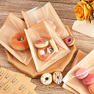 Outus 400 Pcs Heat Sealable Bakery Bags with Window Grease Resistant Kraft Cookie Bags Pastry Bags with Paper Stickers for Packaging Donut Bread Cookie Goods Sandwich Baked Treat (7.1 x 7.5 Inch)