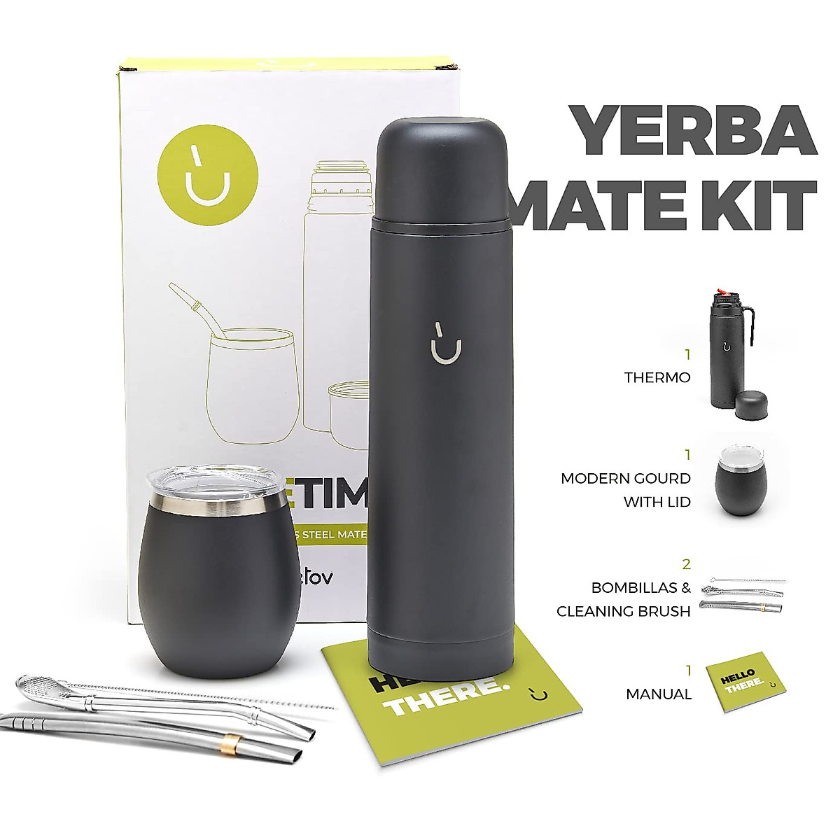 BALIBETOV Complete Yerba Mate Set - Modern Mate Gourd, Thermos, Bombilla and Cleaning Brush Included - All Premium Quality 304 18/8 Stainless Steel (Full Black)