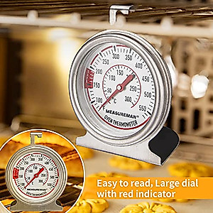 MEASUREMAN Oven Thermometer 70mm Dial Size, Heavy Duty 304 Stainless Steel Case and Fringe, with Hook, 100-550F/C, 2.5% Accuracy, Blow-Out at Back