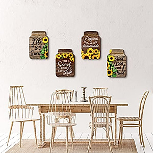 4 Pcs Kitchen Wall Decor Mason Jar Set Wooden Rustic Home Decor Inspirational Kitchen Decor Hanging Farmhouse Kitchen Signs Wall Decor for Home Decor (Sunflower)