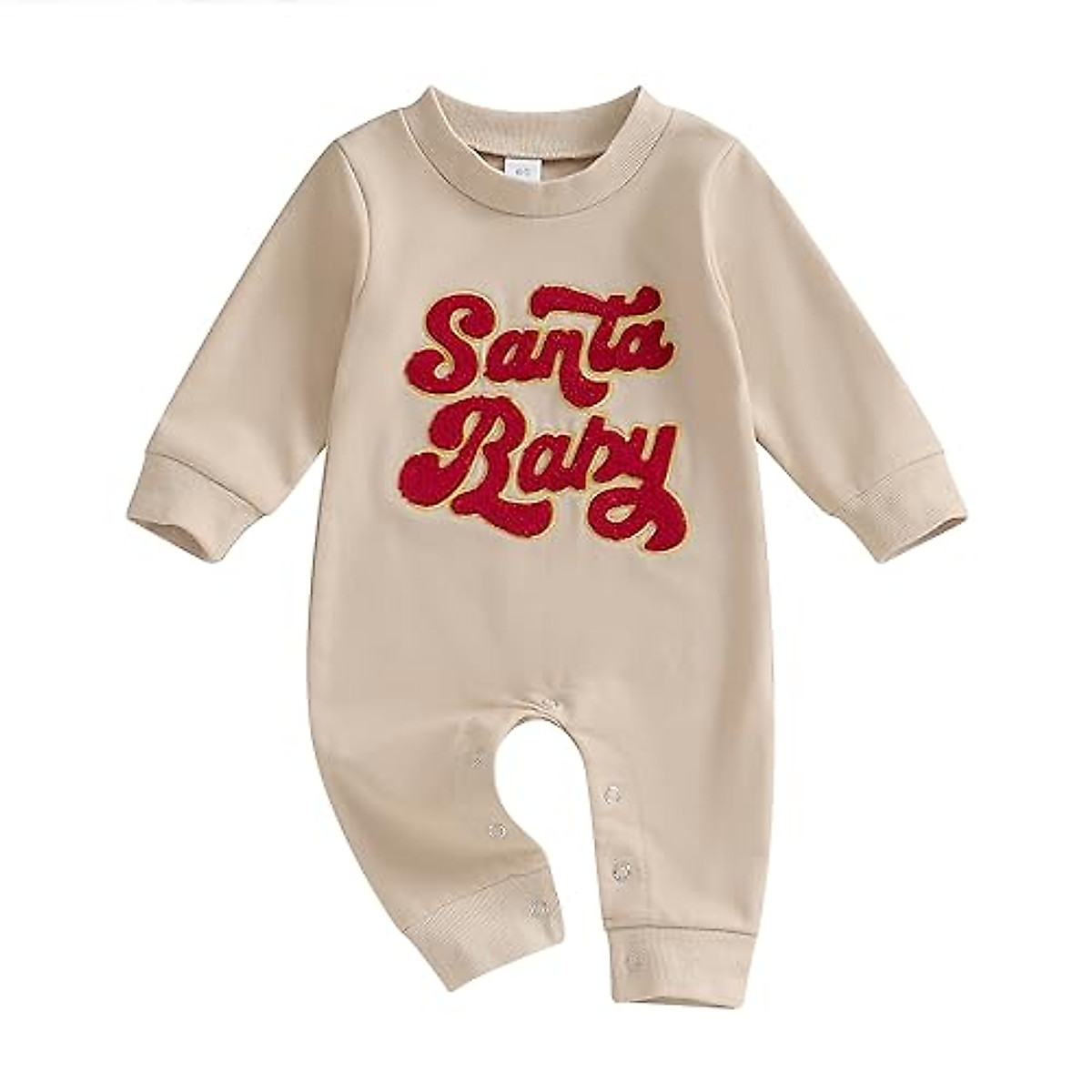 Infant Baby Boy Girl Christmas Outfit Santa Baby Embroidery Romper Long Sleeve Jumpsuit Bodysuit One Piece Outfit (A-Santa Baby Khaki, 3-6 Months)