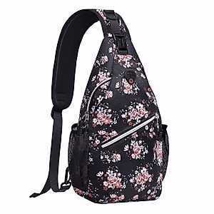 MOSISO Sling Backpack,Travel Hiking Daypack Pattern Rope Crossbody Shoulder Bag, Black Base Floral