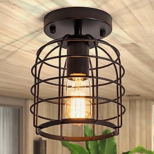 Industrial Black Semi Flush Mount Ceiling Light, Farmhouse Mini Cage Ceiling Lighting Fixture, Vintage Caged Ceiling Lamp for Entryway, Kitchen, Bedroom, Laundry Room, Hallway, Dining Room