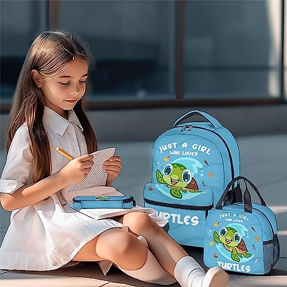 KAXVZER Sea Turtle Girls Backpack with Lunch Box Set - 3 in 1 School Backpacks Matching Combo - Cute Blue Bookbag and Pencil Case Bundle