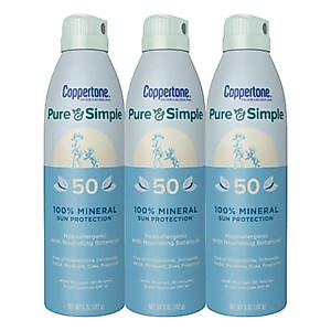 Coppertone Pure and Simple Spray Sunscreen, SPF 50 Broad Spectrum Sunscreen with Zinc Oxide, 5 Ounce (Pack of 3)