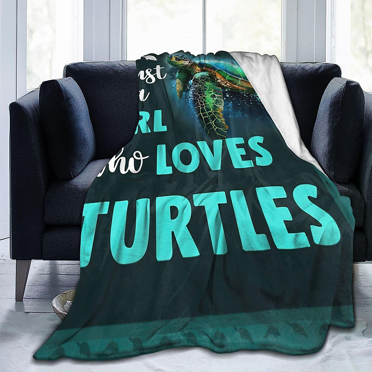 Just A Girl Who Loves Turtles Blanket Teal Sea Turtle Decor Throw Blanket Gifts for Girls Boys Super Warm Soft Plush Lightweight Fleece Flannel Blanket Bedding Blanket for Kids Adults Women 60"X50"