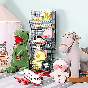 3 Tier Rolling Toy Organizer Basket - Wire Kids Toy Storage with Wheel, S-Hooks, Adjustable Chalkboards - Toy Storage Cart Wall Bookshelf for Kids Room, Playroom, Bedroom