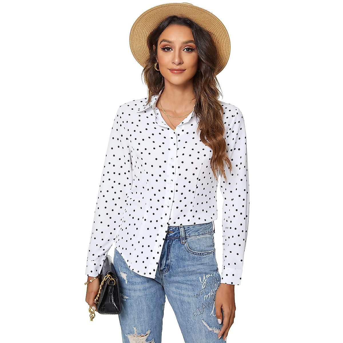 Atnlewhi Women Basic Long Sleeve Button Down Shirts Simple Pullover, Polka Dot/White, M