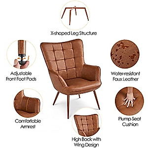 Yaheetech Faux Leather Chair Upholstered Living Room Chairs Accent Armchair with Tapered Legs Tufted Sofa Chairs for Home Office/Dining Room/Bedroom Brown, Set of 2