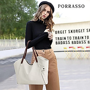 PORRASSO Women's Handbag Canvas Tote Large Shoulder Bag Ladies Top-Handle Bags Hobo Bag for Shopping Travel Work Daily Use Off White