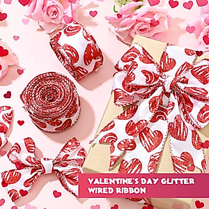 2 Roll 20 Yards Valentine Wired Ribbon Valentines Ribbons Valentines Day Glitter Love Heart Pattern Satin Fabric Ribbons for Valentine Gift Wrap DIY Crafts Wedding Birthday Party Decoration 1.5 Inch