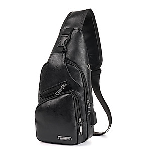 JUMO CYLY Men's Leather Sling Bag, Chest Shoulder Backpack, Waterproof Crossbody Bag swith USB Charging Port One_Size