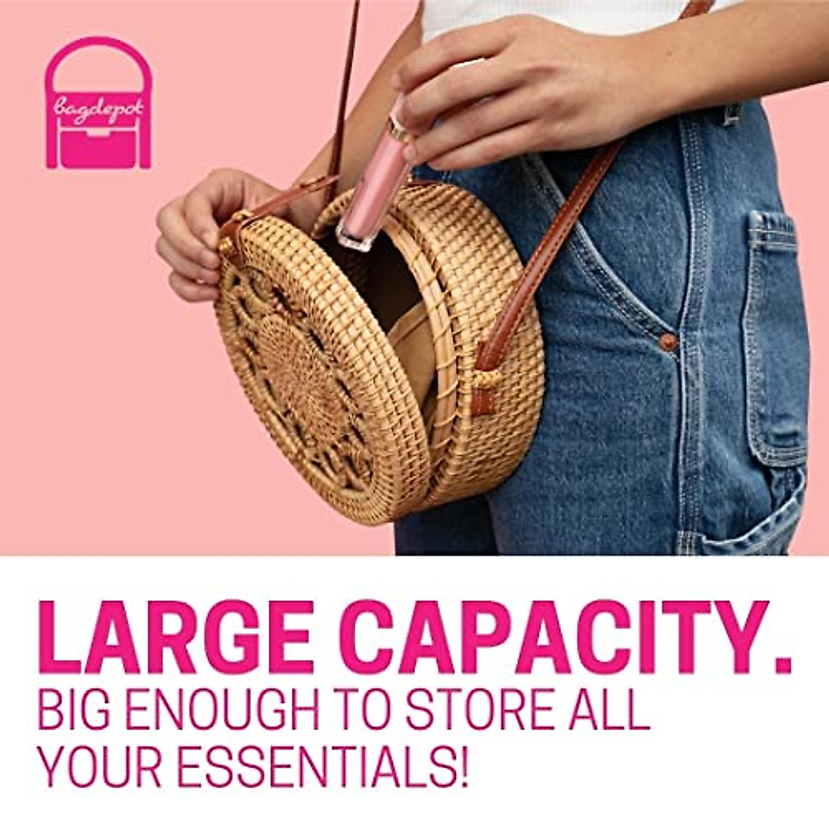BAGDEPOT Round Rattan Bag With Shoulder Leather Strap. Made from Natural Rattan (Sunrise)