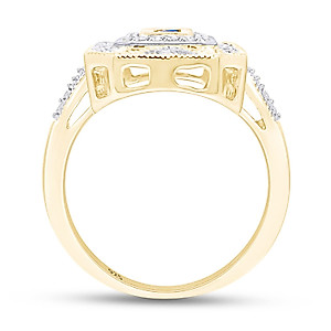 14K Yellow Gold Over Sterling Silver Simulated Blue Sapphire & Diamond Accent Art Deco-Style Ring (1/10 cttw, I-J Color, I3 Clarity) Ring Size-7