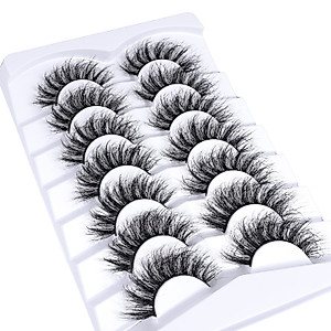Mebver False Eyelashes Cat Eye Faux Mink Lashes Natural Look Fluffy Wispy Lashes That Look Like Extensions Pestañas Postizas D Curl Lash Strips Short Fox, 7 Pairs Pack