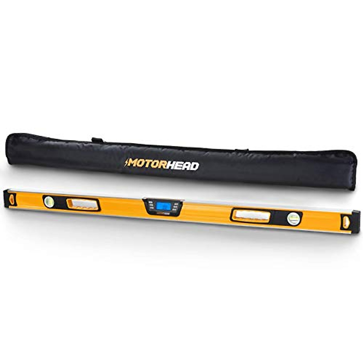 MOTORHEAD 48-Inch 0°-360° SMART DIGITAL Level, LCD Screen, Audible Alerts, Water, Dust & Shock Resistant, Magnetic Bottom, Includes Bag, High-Visibility, Solid-Milled Aluminum, USA-Based Support