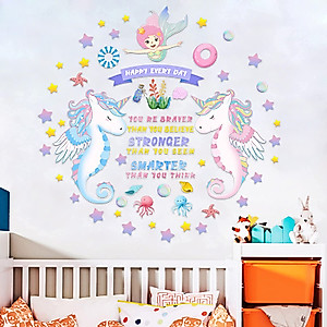 3 Sheets Unicorn Wall Decal Stickers Large Size Unicorn Mermaid Wall Decor for Girls Kids Bedroom Nursery Christmas Birthday Party Decoration Seahorse Unicorn Design