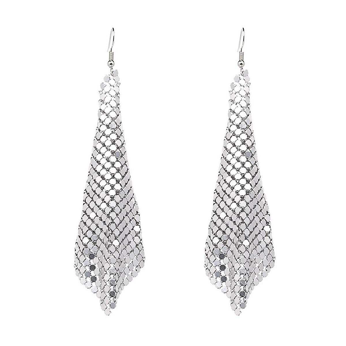 GIMEFIVE Gold Sequin Earrings Lightweight Metal Mesh Grid Tassel Drop Dangle Earrings Long Hook Earrings Women (Silver)