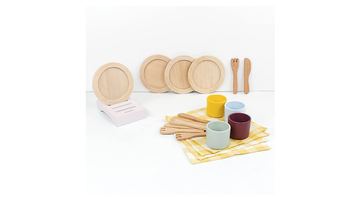 Pillowhale Wooden Toy Plates and Dishes Set for Kids - Role Play & Learning