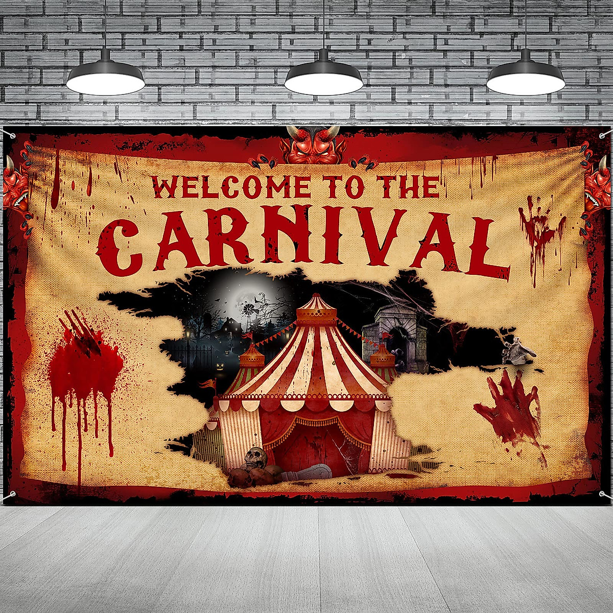 Halloween Circus Backdrop Creepy Carnival Party Decoration Horror Theme Welcome to The Carnival Background for Photo Booth Halloween Birthday Indoor Outdoor Party Supplies, 43.3 x 72.8 Inches