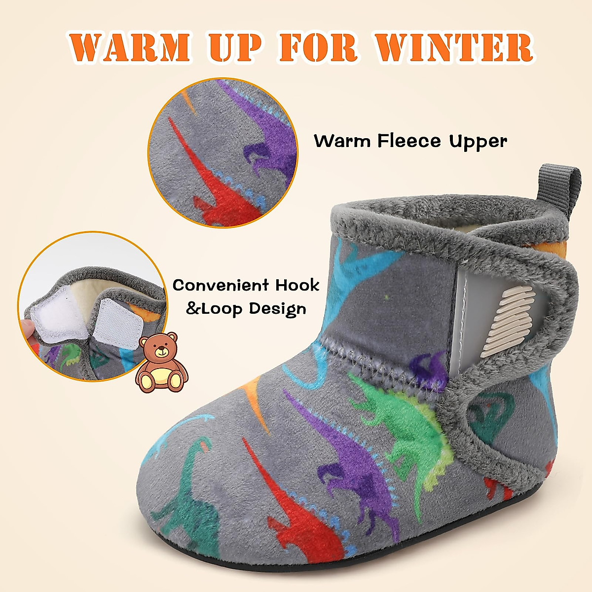 BARERUN Unisex Kids Toddler Slippers Baby Slippers Baby Boy Slippers Kids Warm Boots Kid's Slides Girls Boys Comfort Non-Slip Thick Sole Slippers Grey Infant Size 6-12 Months