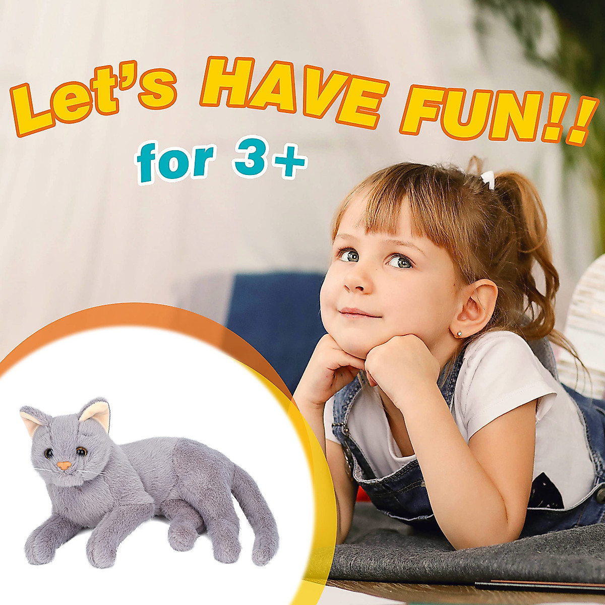 Easfan Realistic Cat Stuffed Animal Lifelike Lying Kitten Plush Toy Grey Cute Kitty Toy Birthday Holiday Kids Boys Girls, 10''