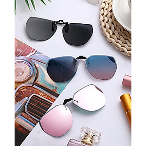 Frienda 3 Pairs Polarized Clip on Sunglasses over Prescription Glasses Rimless Anti-glare Sunglasses Flip up Sunglasses(Black-Gray, Blue-Pink, Pink)