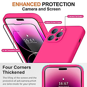 TISOOG Compatible with iPhone 14 Pro Case for Women,with 2 Pcs 9H Tempered Glass Screen Protector,[Camera Protection][Microfiber Lining] Slim Shockproof Silicone Case for iPhone 14 Pro, Hot Pink