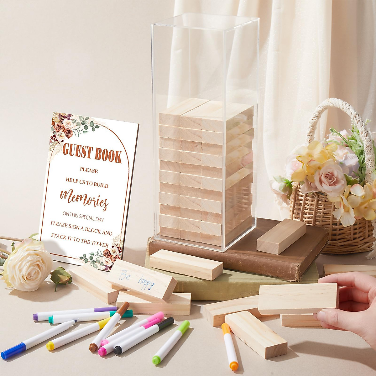 Beeveer 80 Pcs Wedding Guest Book Alternative Wooden Block Guest Book for Wedding Sign in Wedding Book Wooden Block Wedding Games Bridal Shower Game for Wedding Sign in, Reception (Rustic)