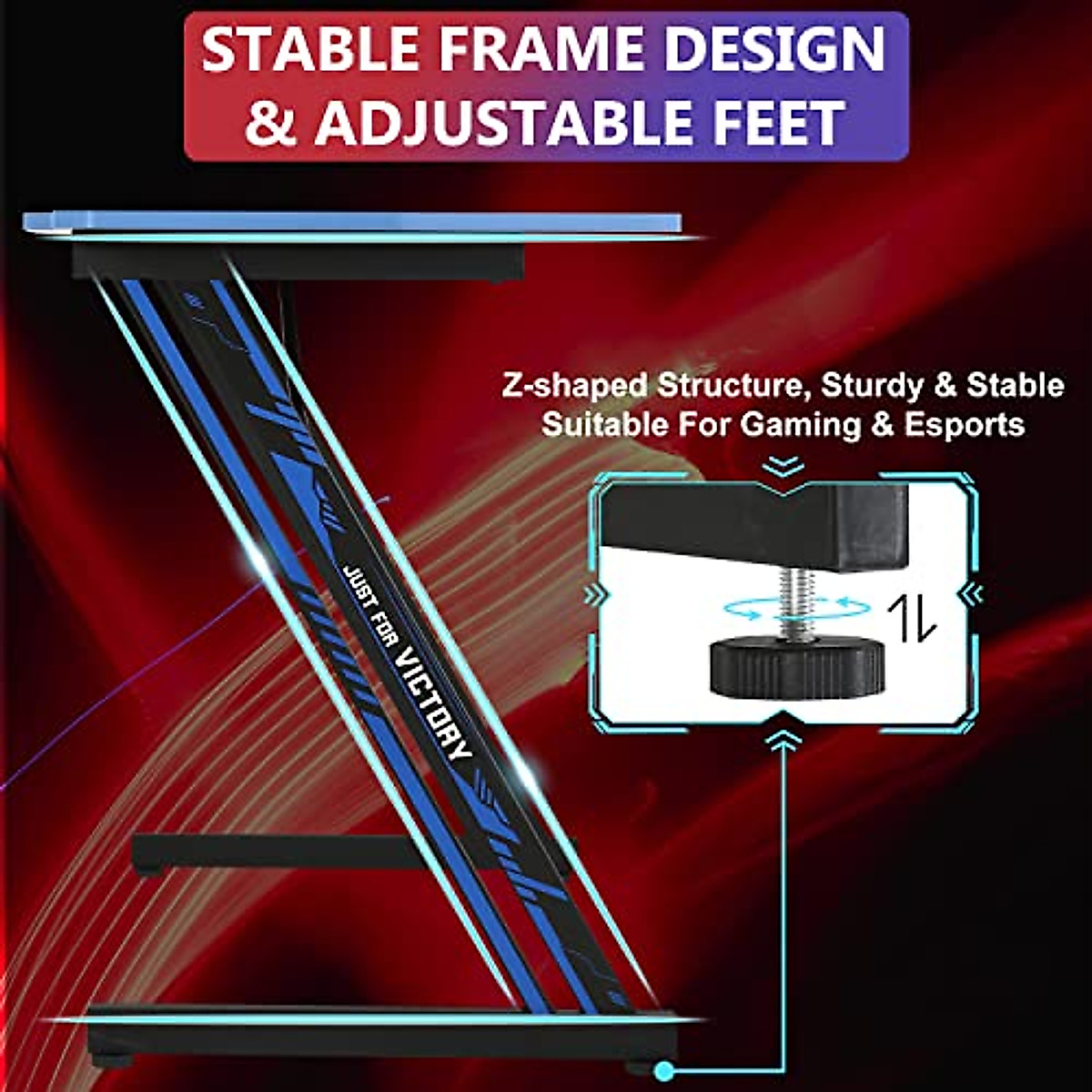 Yewuli 39.4'' Gaming Desk Computer Desk Gaming Table Z Shaped Gaming Workstation Pc Gamer Desk Small Computer Desk Adjustable Height with Headphone Hook, Blue