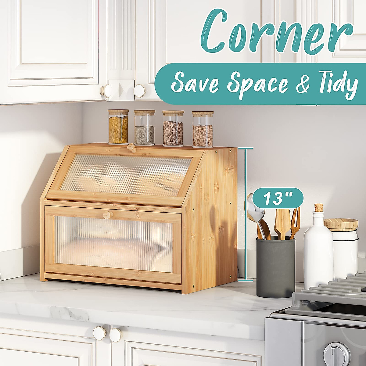 Vriccc Large Bread Box for Kitchen Counter, Double Layer Bamboo Wooden Large Capacity Bread Storage Bin with Acrylic Wavy Door Panel