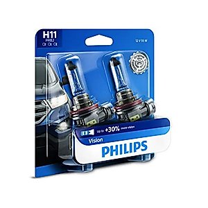Philips Automotive Lighting H11 Vision Upgrade Headlight Bulb with up to 30% More Vision, 2 Pack,12362PRB2, white