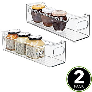 mDesign Slim Stackable Plastic Storage Organization Bin with Handles for Kitchen Cabinet, Pantry, Shelf, Refrigerator, Home Organizer for Fruit, Potatoes, Onions, Drinks, Snacks, Pasta, 2 Pack, Clear