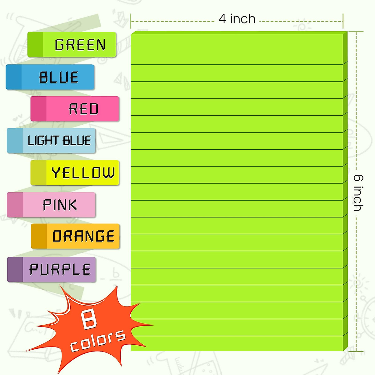 (8 Pack) Lined Sticky Notes Post, 8 Colors Self Sticky Notes Pad Its 4X6 in, Bright Post Stickies Colorful Big Square Sticky Notes for Office, Home, School, Meeting,40 Sheets/pad