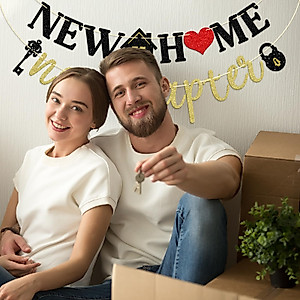 New Home New Chapter Banner, Pre-strung New Home Banner, Housewarming Party Decorations, Home Decor, Black & Gold Glitter