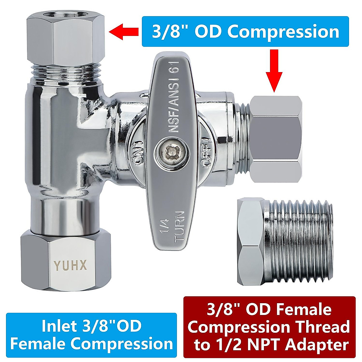 YUHX Brass Angle Stop Add-A-Tee Valve for TOTO Washlet Bidet and Handheld Sprayer, 3/8 Inch Compression Shut Off 3 Way Diverter Connector, 3/8"x3/8"x3/8" or 1/2" Toilet T Adapter