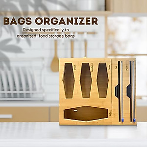6 in1 Bamboo Ziplock Bag Organizer with Plastic Wrap Dispenser & Cutter – Compact drawer organizer for ziplock bags and foil – Ziplock Bag Storage Organizer for Gallon Quart Sandwich & Snack Bags (1)
