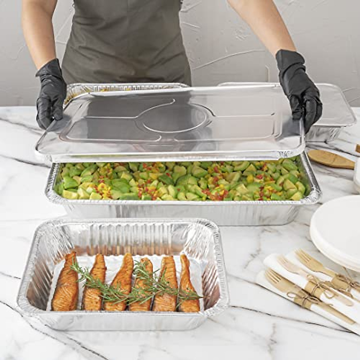 Restaurantware LIDS ONLY: Foil Lux Foil Pan Lids 25 Oven-Ready Foil Tray Lids -Fits Full-Size Steam Table Lids Freezable Silver Aluminum DisposableTurkey Pan Lids Pans Sold Separately