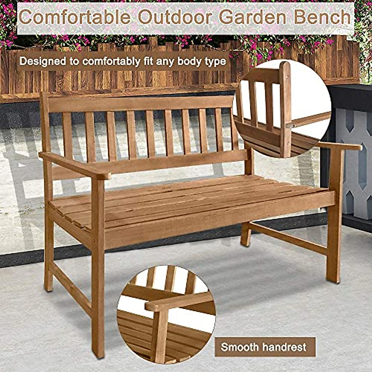 700 LBS Outdoor Garden Bench, Sturdy Acacia Wood Patio Bench, Front Porch Chair with Armrests, Best Bench for Park Yard Patio Pool Deck Balcony Lawn Decor, Natural Oiled (48" W x 22" D x 33" H)