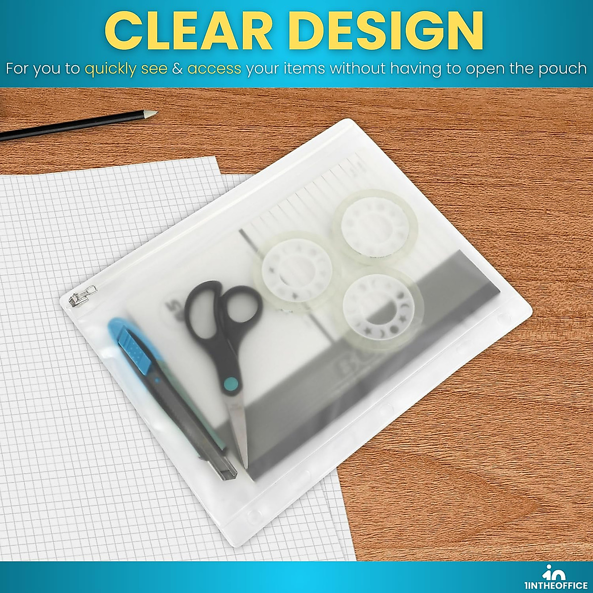 1InTheOffice Pencil Pouch for 3 Ring Binder, Binder Pencil Pouch, Zipper Pencil Pouch, 10" x 8", Clear, 4 Pack