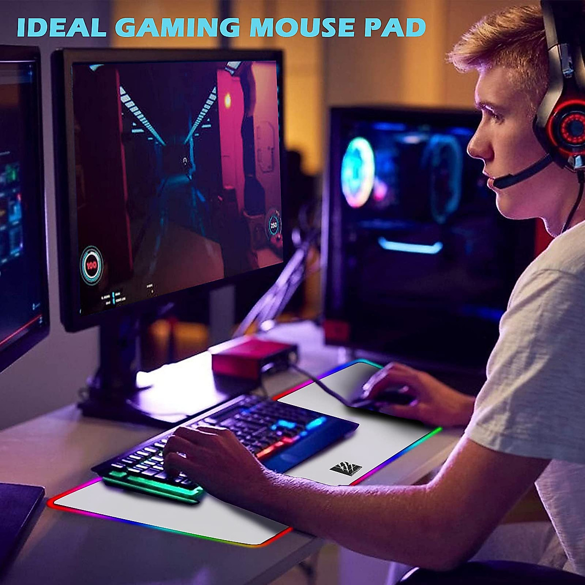 RGB Mouse Pad, Large Led Gaming Mouse Mat with 14 Lighting Modes, Smooth Waterproof Surface, Non-Slip Rubber Base, Computer Keyboard Mousepad (31.5 x 11.8 x 0.2 Inch, White)