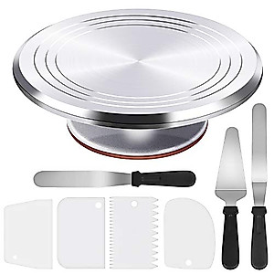 Puroma 8-in-1 Aluminium Alloy Rotating Cake Turntable 12'' Revolving Cake Decorating Stand with 3 Angled Icing Spatula, 3 Icing Comb for Pastries, Cupcakes and Cake Decorations