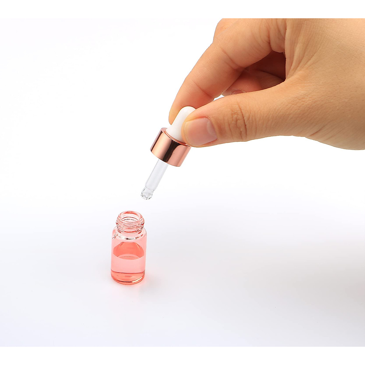 USRommaner 35 Pack,3ml Pink Sample Dropper Vial,Empty Glass Eye Dropper Bottle With Rose-Gold Cap,Liquid Mini Glass Pipette Travel Essential Oil Perfume Container-Pipette,Funnel,included